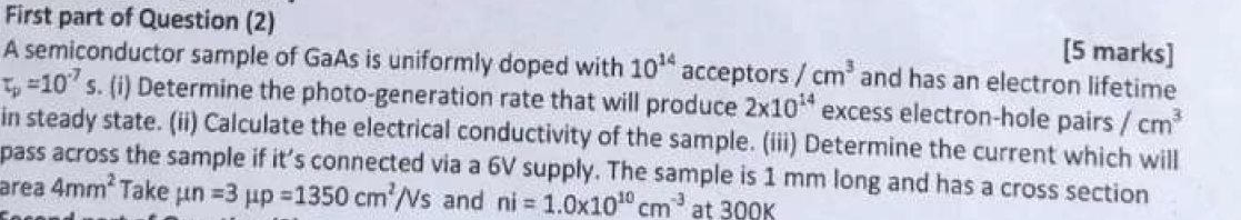 Solved First part of Question (2) A semiconductor sample of | Chegg.com