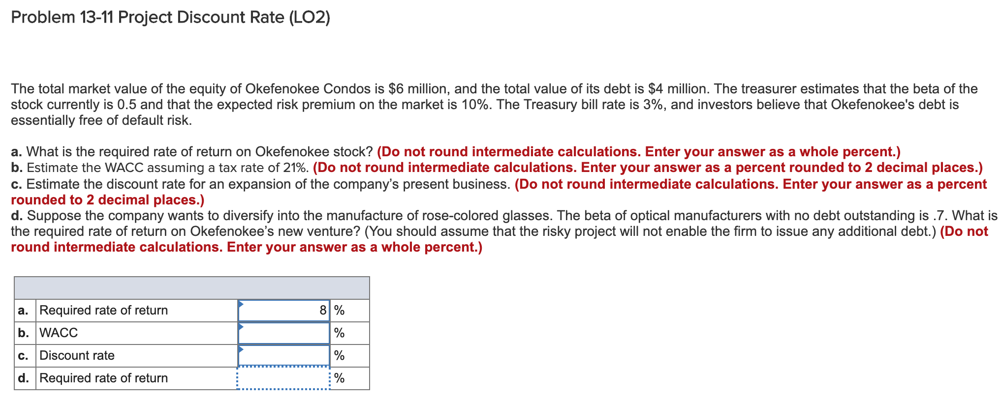 Problem 13-11 Project Discount Rate (LO2) The total | Chegg.com