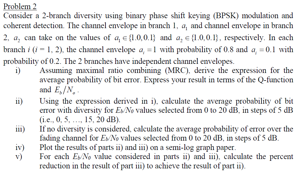 Problem 2 Consider a 2-branch diversity using binary | Chegg.com