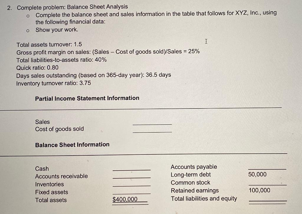 Solved O 2. Complete problem: Balance Sheet Analysis | Chegg.com