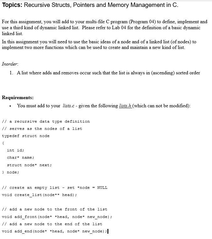 Topics: Recursive Structs, Pointers and Memory | Chegg.com