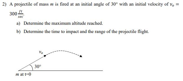 Solved 2) A projectile of mass m is fired at an initial | Chegg.com