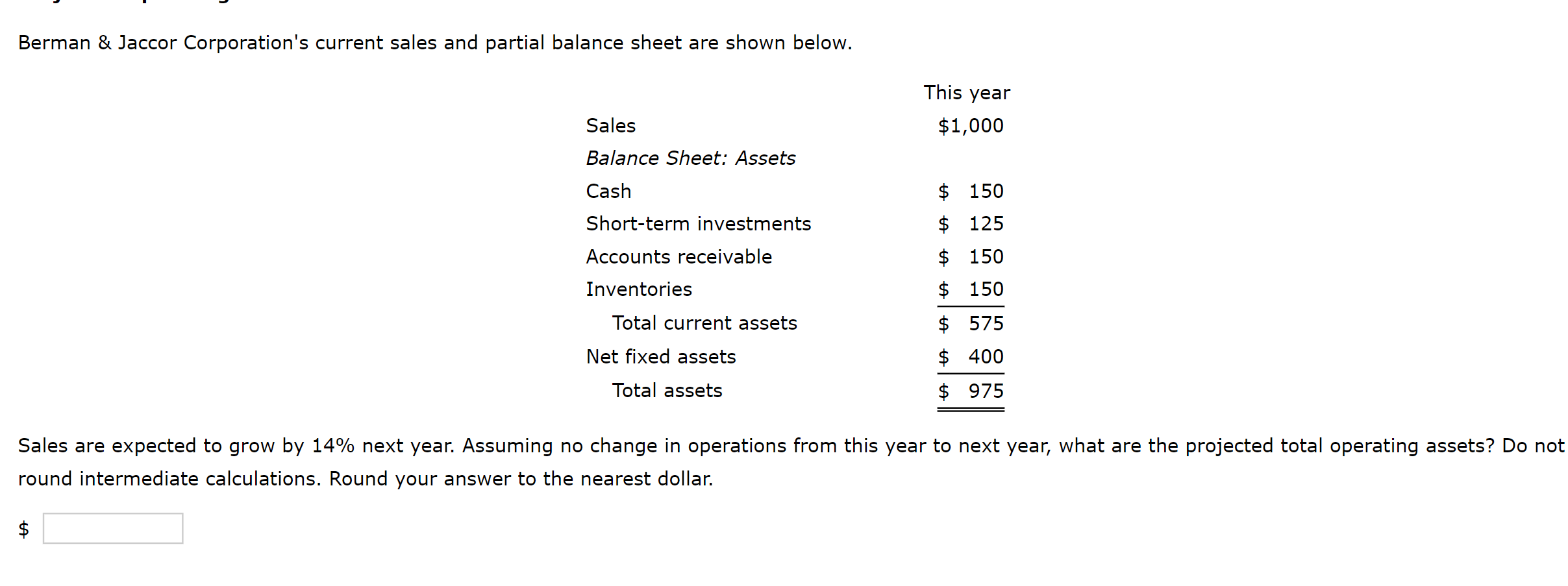 Solved Berman \& Jaccor Corporation's current sales and | Chegg.com