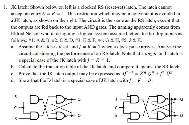 Solved 1. JK latch: Shown below on left is a clocked RS | Chegg.com