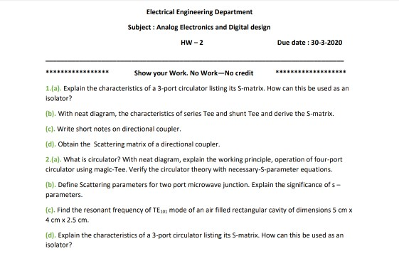 Solved Electrical Engineering Department Subject : Analog | Chegg.com