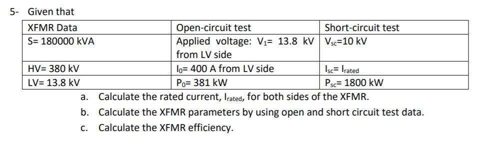Solved 5- Given that XFMR Data Open-circuit test | Chegg.com