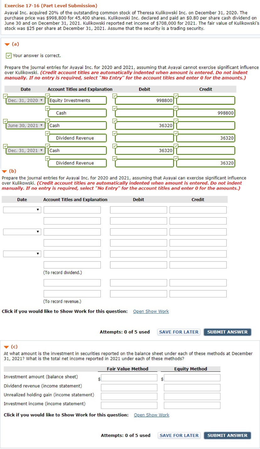 Solved Exercise 17-16 (Part Level Submission) Ayayai Inc. | Chegg.com