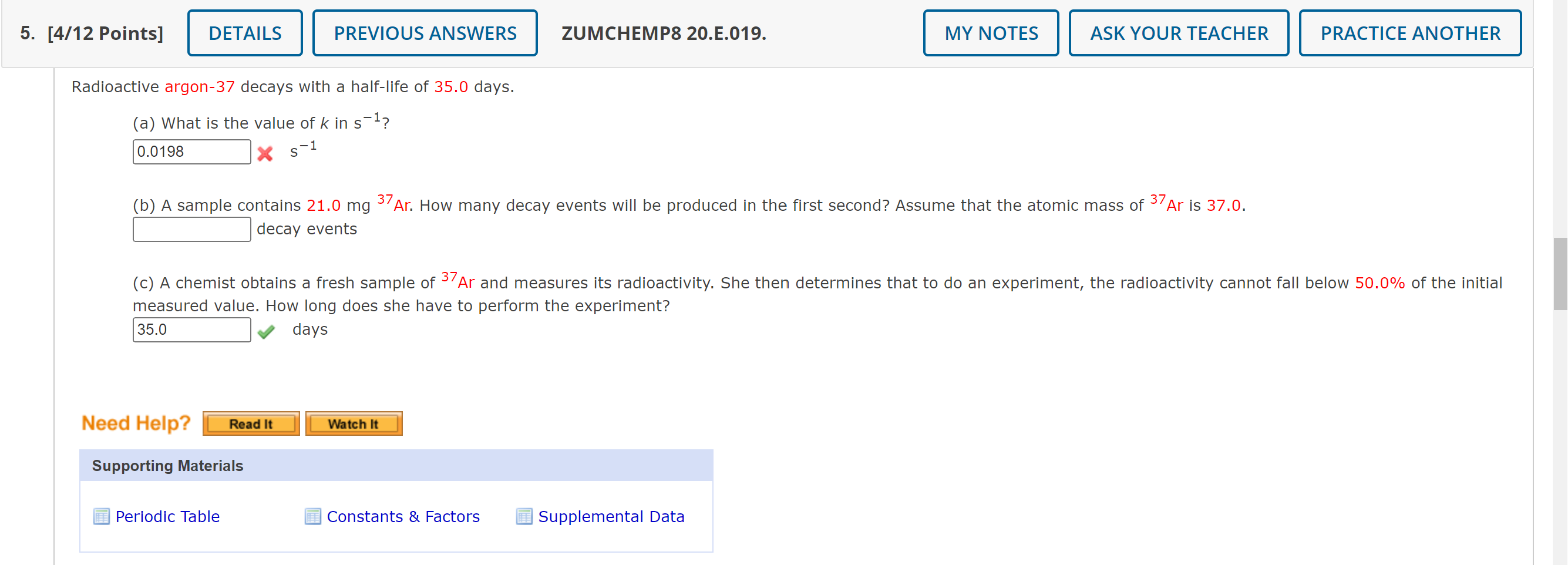 Solved adioactive argon-37 decays with a half-life of 35.0 | Chegg.com