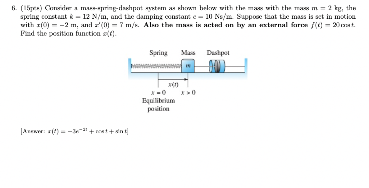 Solved 6. (15pts) Consider a mass-spring-dashpot system as | Chegg.com