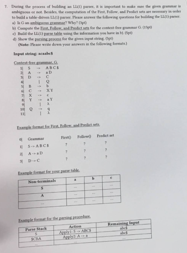 Solved 7. During the process of building an LL(1) parser, it | Chegg.com