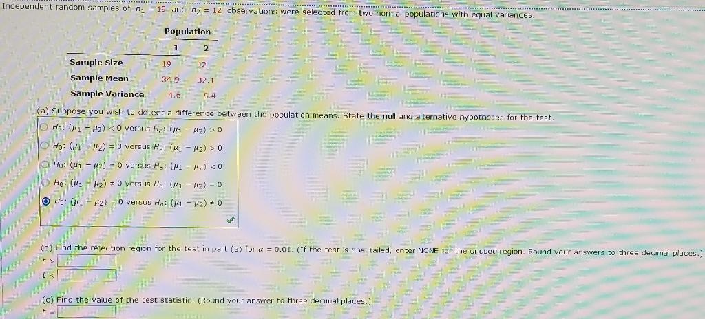 Solved bendent random samples of n1=19 and n2=12 | Chegg.com