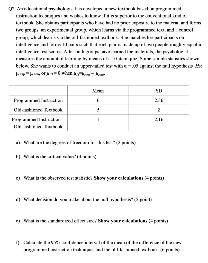 Q2. An educational psychologist has developed a new | Chegg.com