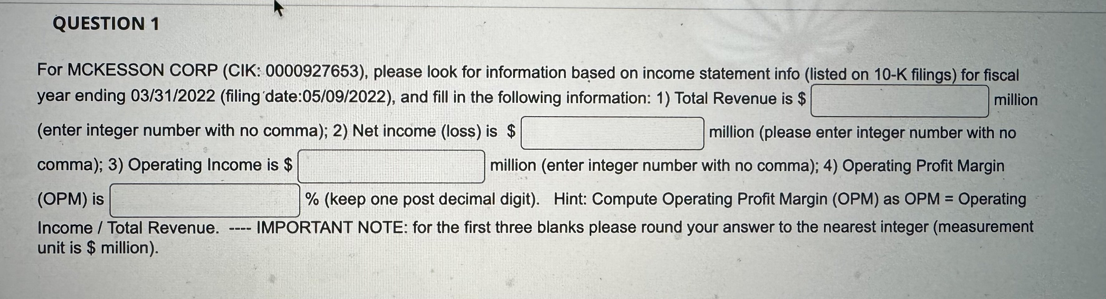 Solved For MCKESSON CORP (CIK: 0000927653), please look for | Chegg.com