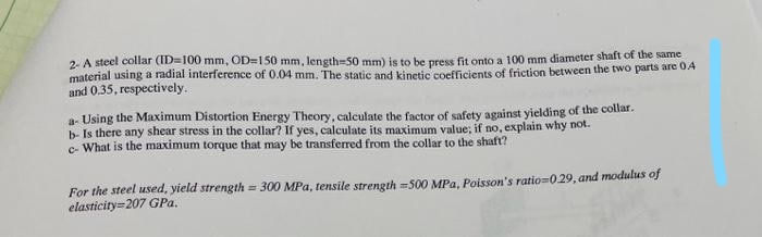 Solved 2. A steel collar (ID=100 mm,OD=150 mm, length=50 mm) | Chegg.com