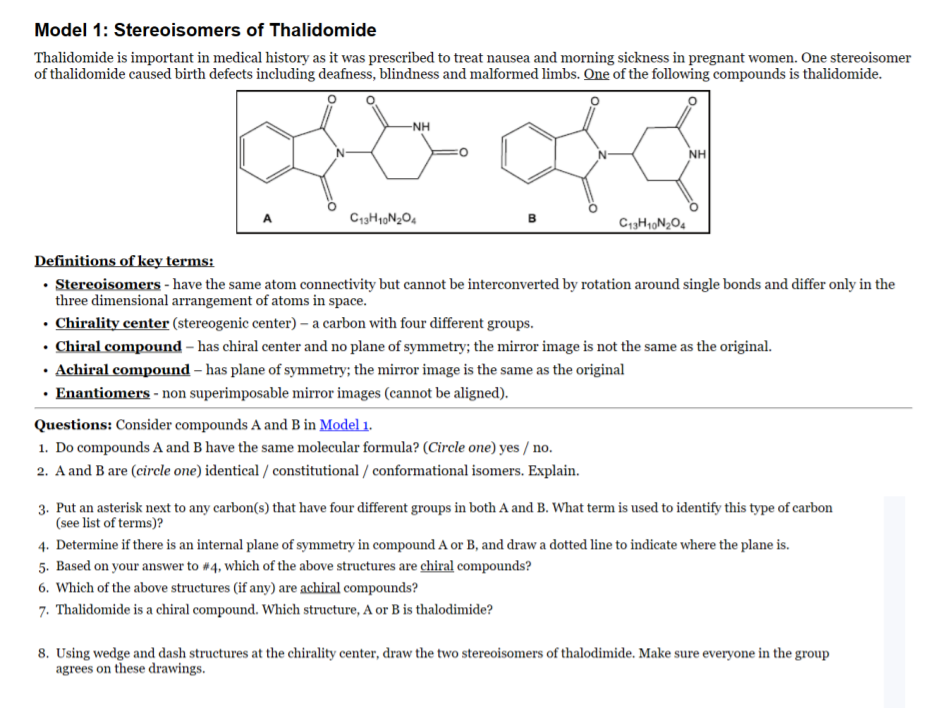 Solved Model 1: Stereoisomers of Thalidomide Thalidomide is | Chegg.com