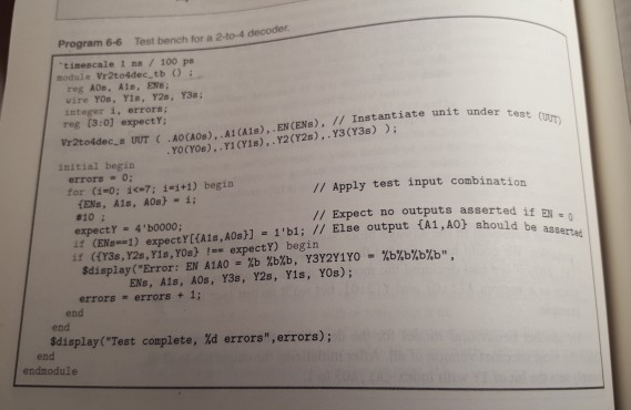 Program 6-6 Test bench for a 2-to-4 decoder tinescale | Chegg.com