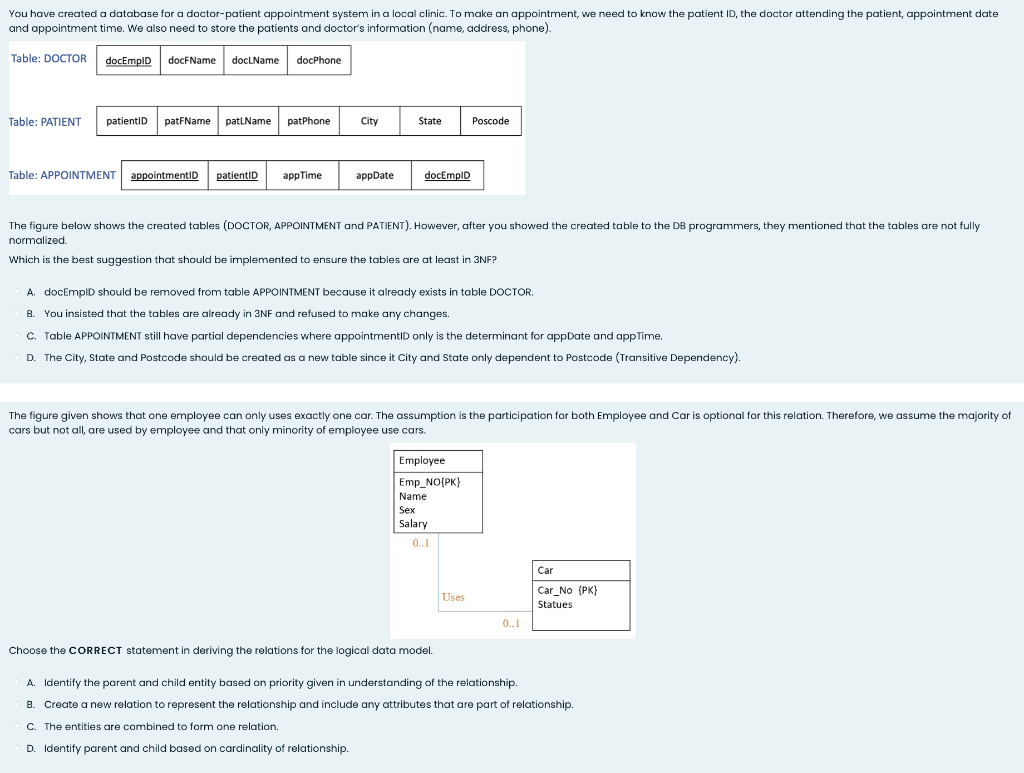 Solved You have created a database for a doctor-patient | Chegg.com