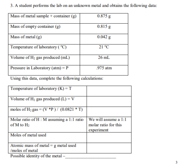 Solved 3. A student performs the lab on an unknown metal and | Chegg.com