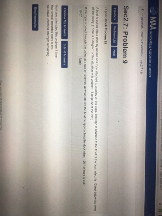 Solved 241 Sec2.7: Problem 9 18 A boat is pulled into a dock | Chegg.com