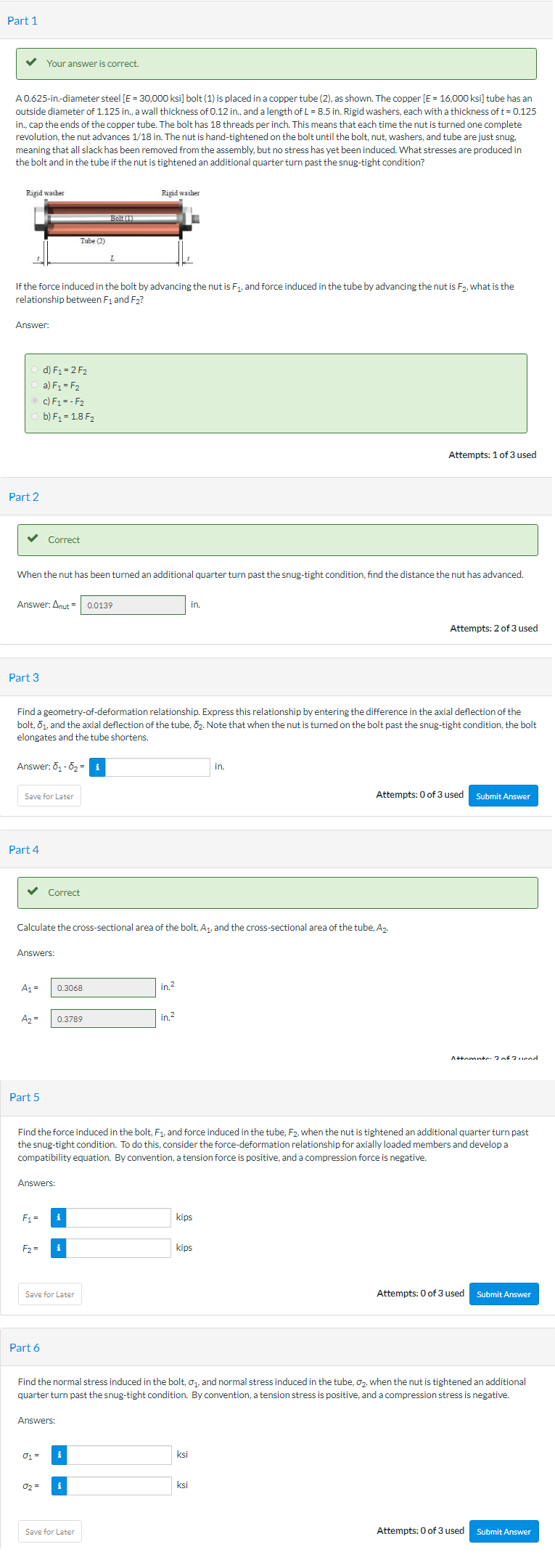 Solved Part 1 Your answer is correct. A 0.625-in-diameter | Chegg.com