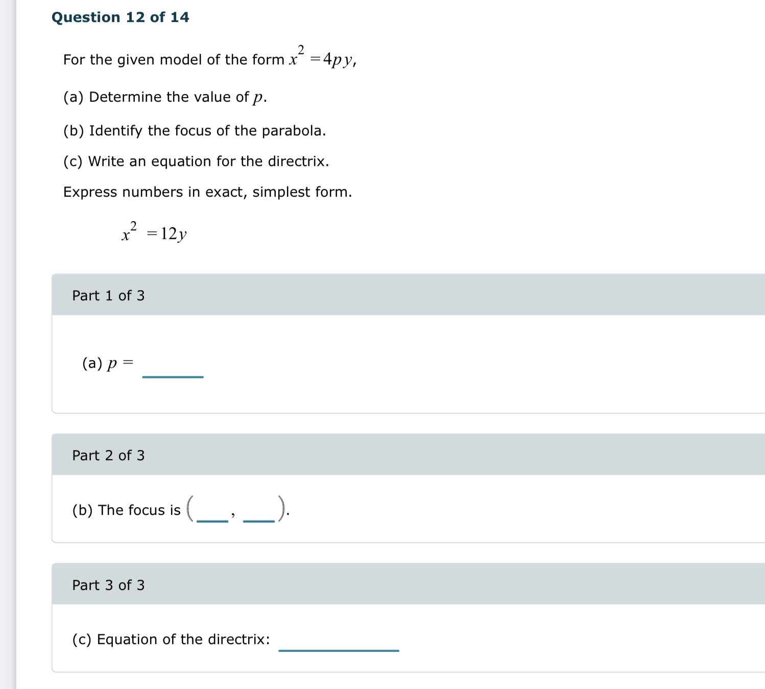 Solved For the given model of the form x2=4py, (a) Determine | Chegg.com