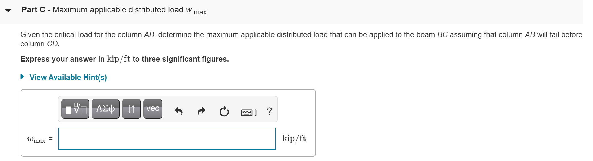 Solved Part A - Critical load for column AB Learning Goal: | Chegg.com