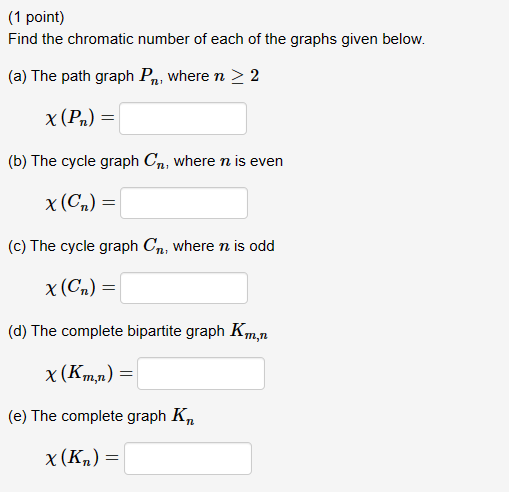 Solved (1 ﻿point)Find the chromatic number of each of the | Chegg.com