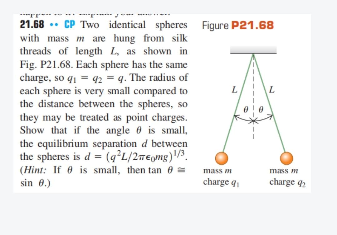 Solved 21.68 — CP Two identical spheres with mass m are hung | Chegg.com