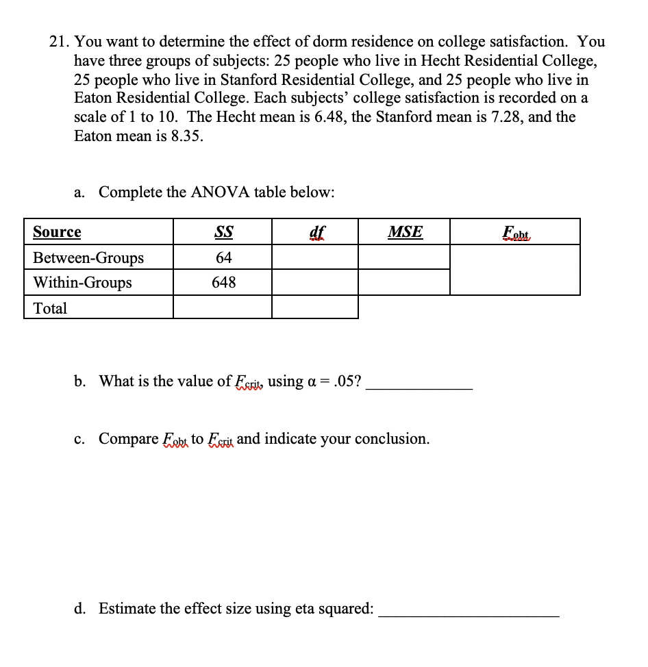 Solved 21. You want to determine the effect of dorm | Chegg.com