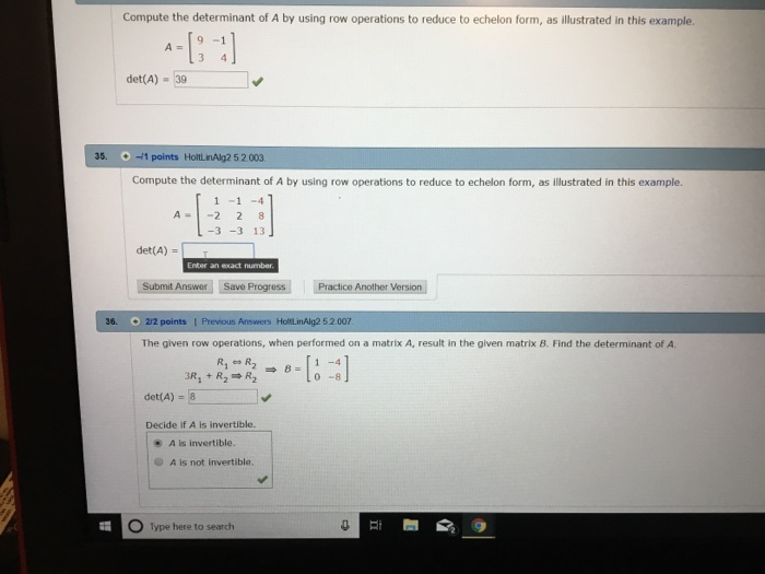 Solved Compute the determinant of A by using row operations | Chegg.com