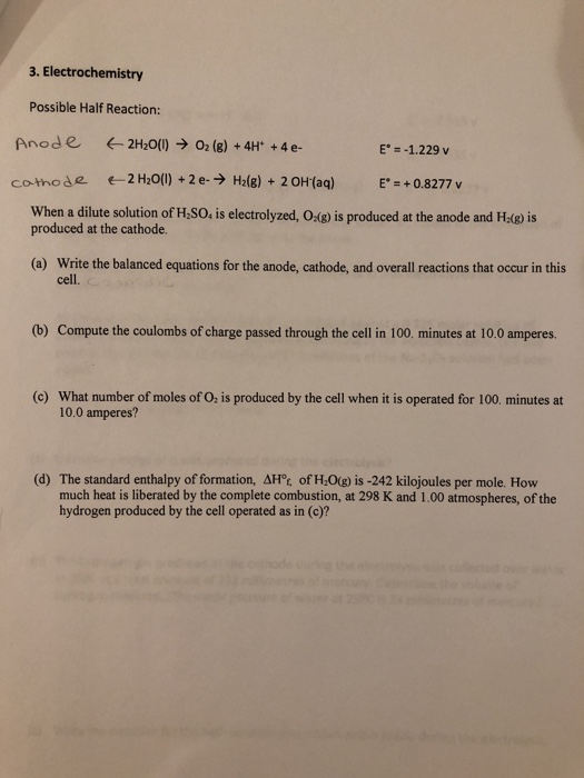 Solved 3. Electrochemistry Possible Half Reaction: Anode | Chegg.com