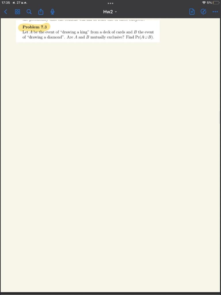 Solved Problem 7.3 Let A be the event of "drawing a king" | Chegg.com