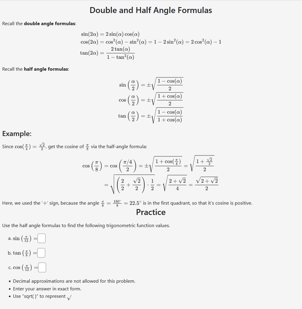 Solved Double and Half Angle Formulas Recall the double | Chegg.com