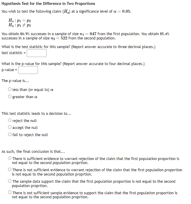 Solved Hypothesis Test for the Difference in Two Proportions | Chegg.com