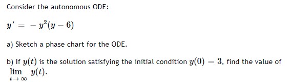 Solved Consider the autonomous ODE: y' = - y’(y-6) a) Sketch | Chegg.com