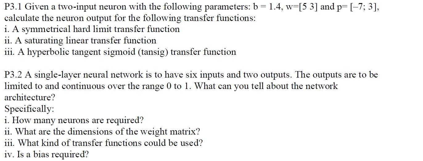 P3.1 Given a two-input neuron with the following | Chegg.com