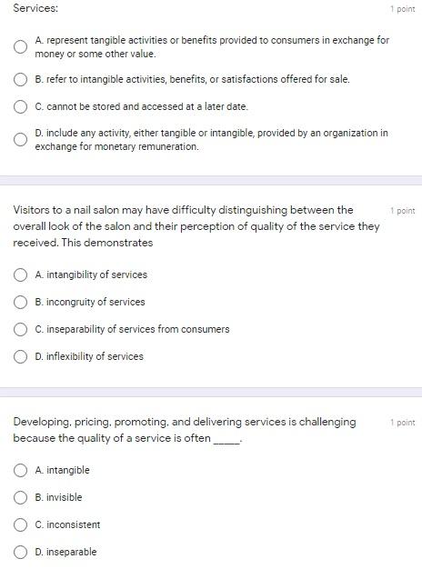 Solved Services: 1 point A represent tangible activities or | Chegg.com