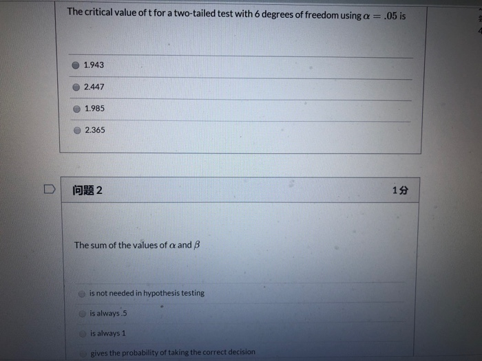 Solved The critical value of t for a two-tailed test with 6 | Chegg.com