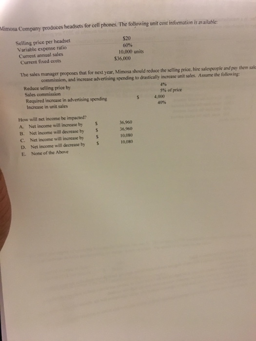 Solved Mimosa Company produces headsets for cell phones. The | Chegg.com