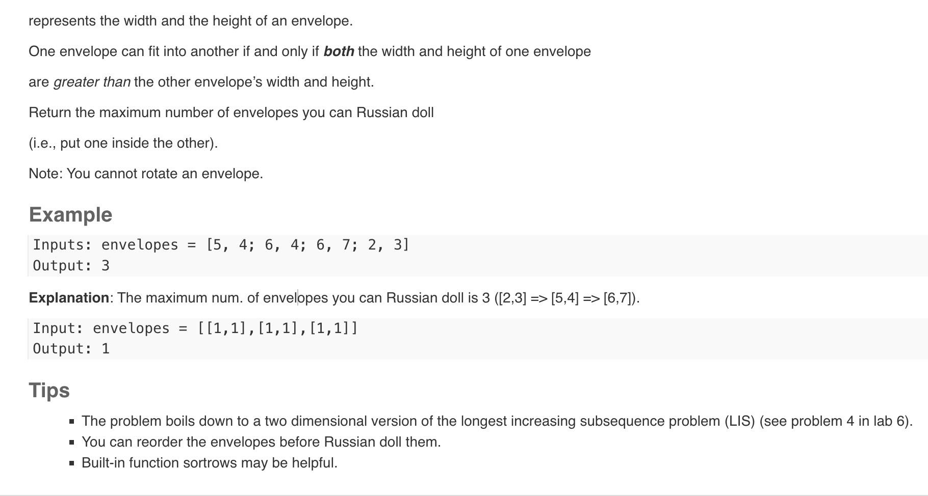 Lab 7-1 Russian Doll Envelopes Details You are given | Chegg.com