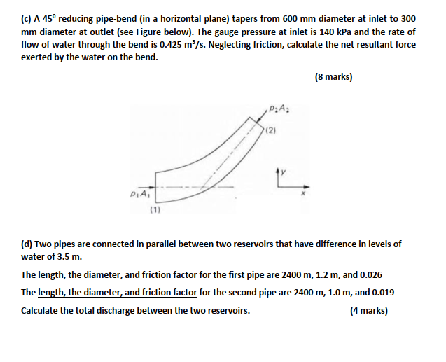 Solved (c) A 45∘ reducing pipe-bend (in a horizontal plane) | Chegg.com