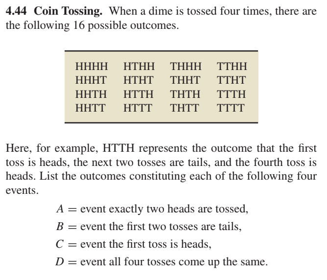 Solved 4.44 Coin Tossing. When a dime is tossed four times, | Chegg.com