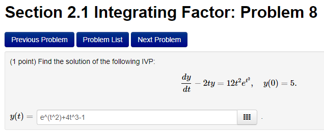 Solved Section 2.1 Integrating Factor: Problem 8 Previous | Chegg.com