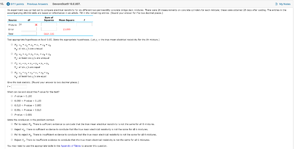 Solved 10. 0/11 points Previous Answers DevoreStat9 | Chegg.com