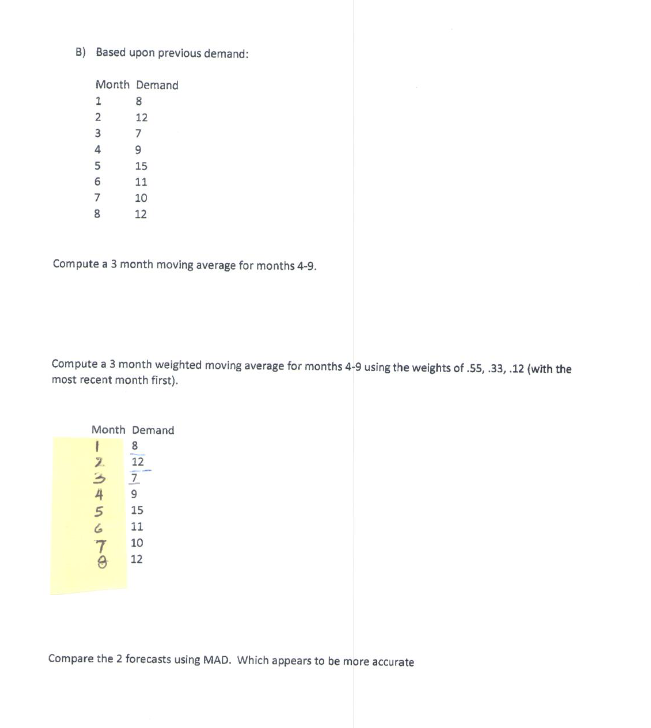 Solved B) ﻿Based upon previous demand:Compute a 3 ﻿month | Chegg.com