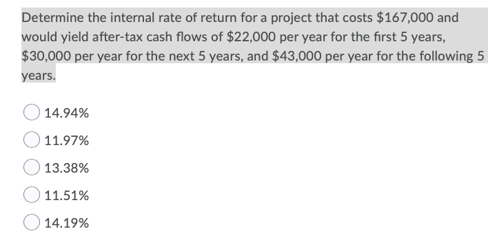 Solved Determine the internal rate of return for a project | Chegg.com