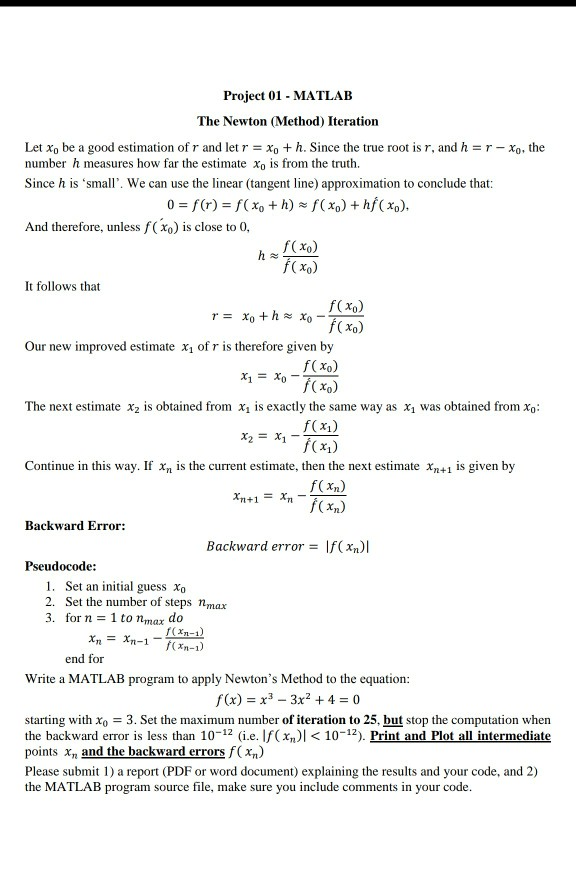 Solved Project 01 MATLAB The Newton (Method) Iteration Let | Chegg.com
