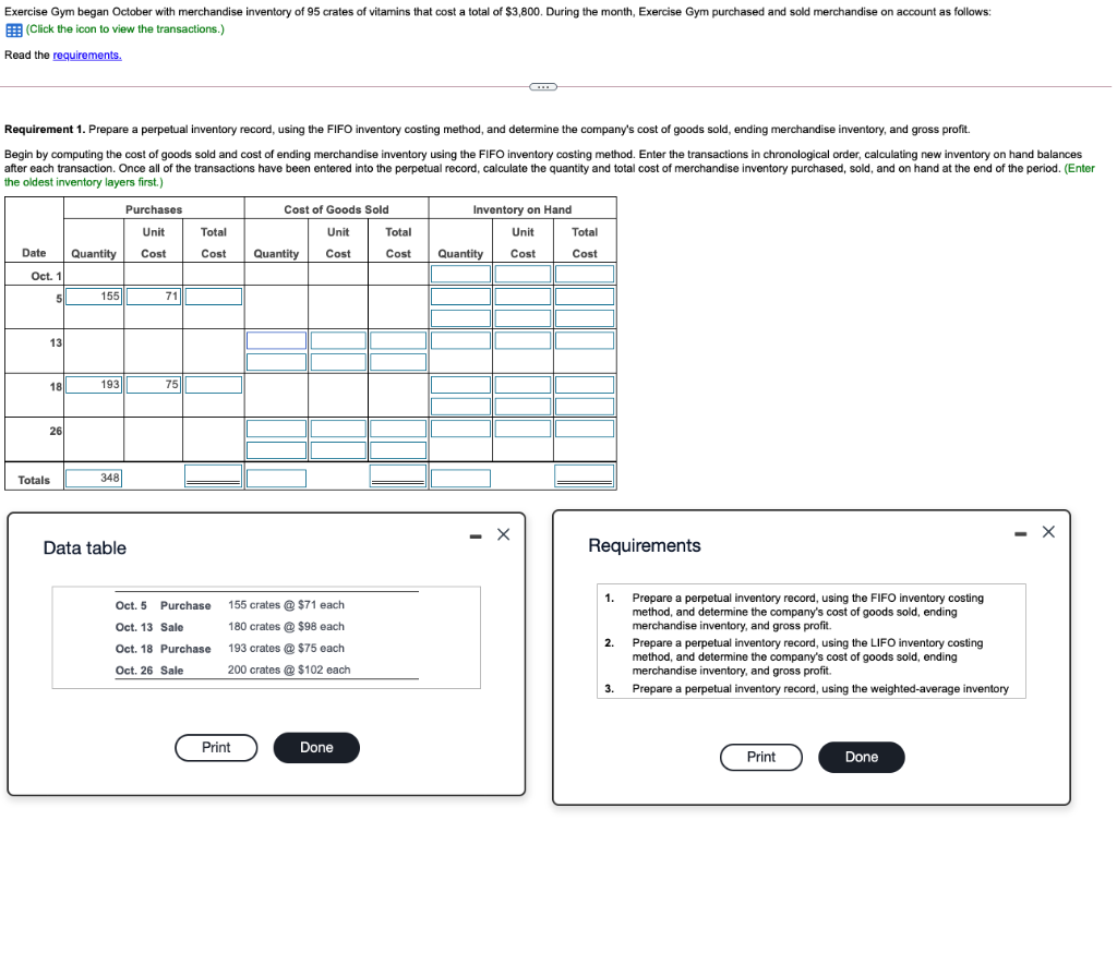 Solved Exercise Gym began October with merchandise inventory | Chegg.com