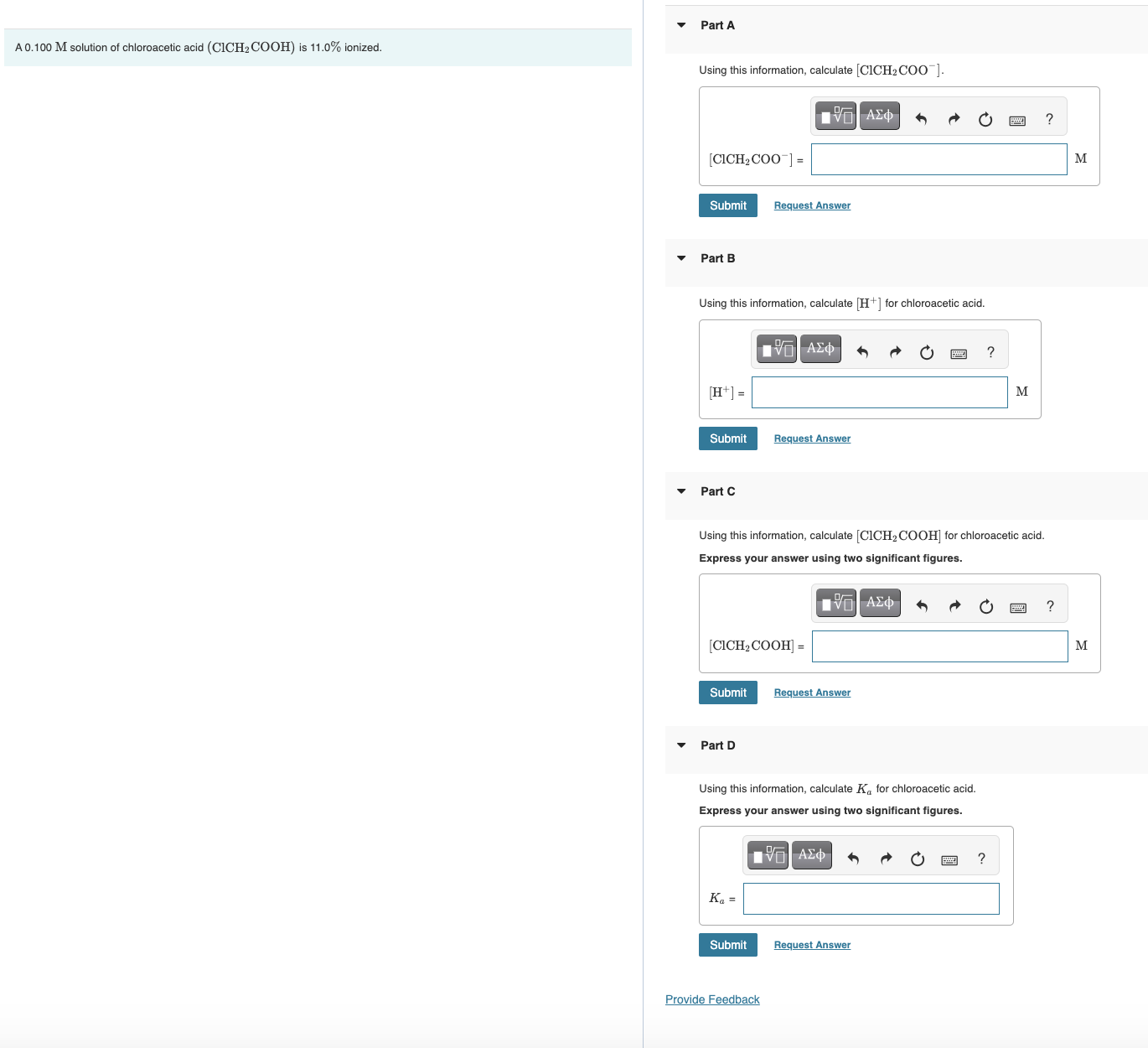 Solved A 0.100M solution of chloroacetic acid (ClCH2COOH) is | Chegg.com