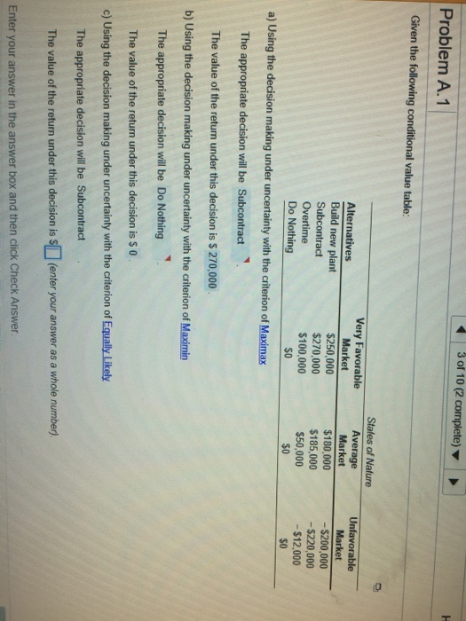 Solved Given the following conditional value table: Using | Chegg.com